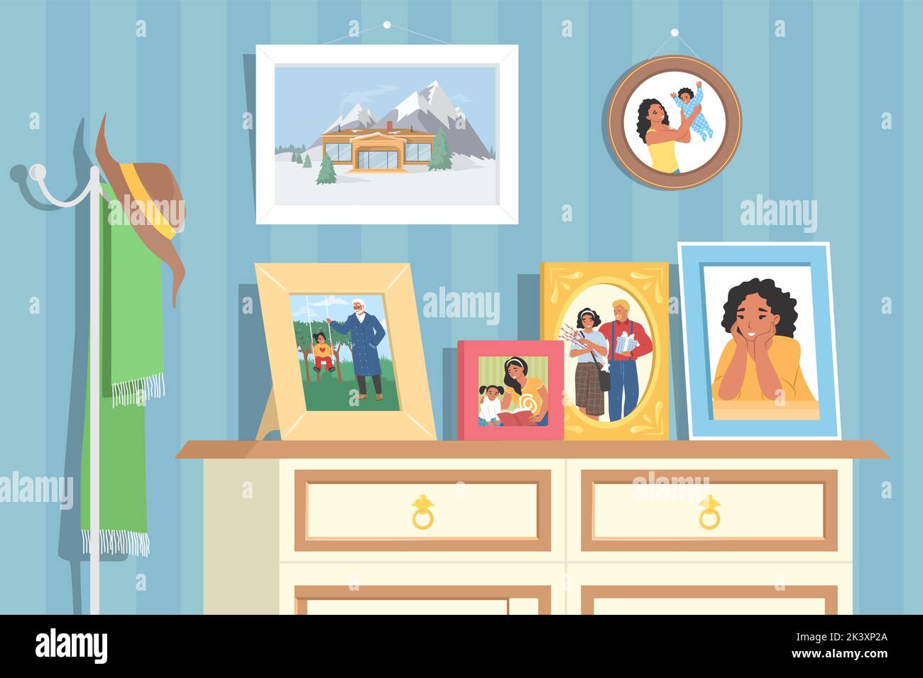 Photo frame on table flat vector. Picture with grandparent, children ...