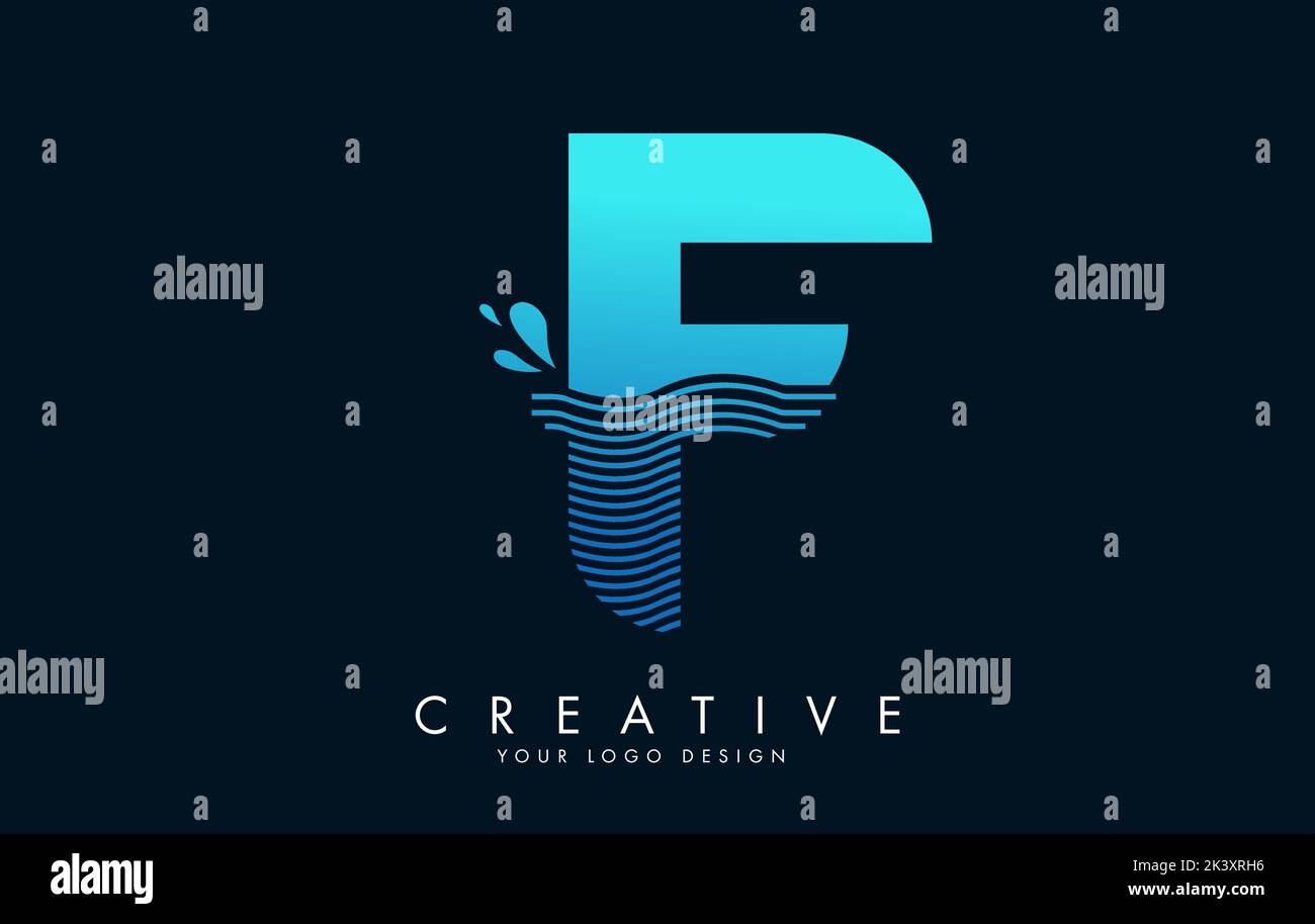 Blue F Letter Logo with Waves and Water Drops Design Vector ...