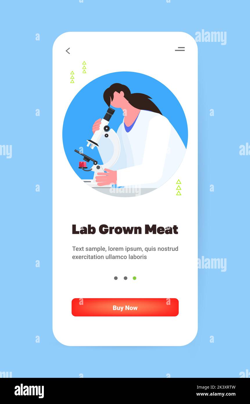 scientist with microscope analyzing cultured red raw meat made from ...