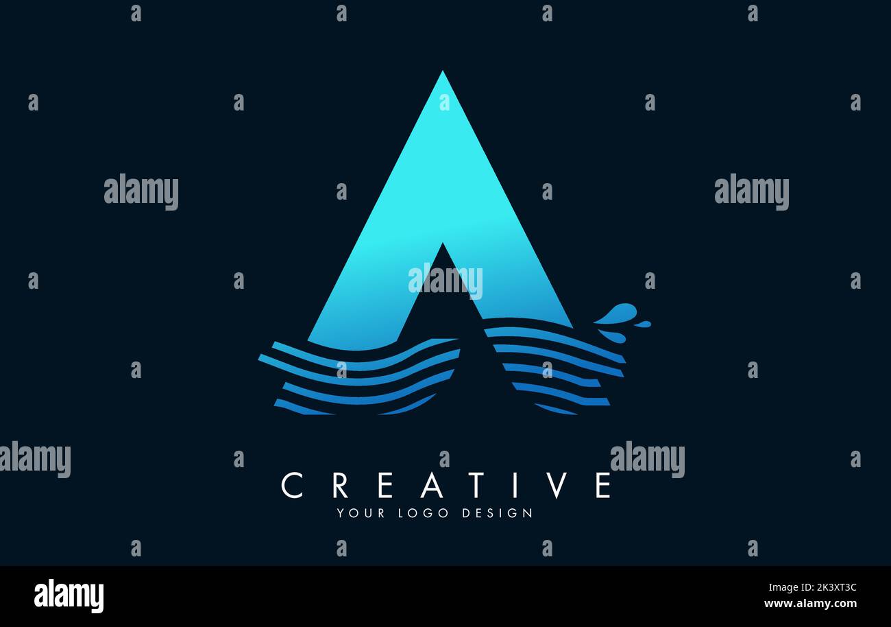 Blue A Letter Logo with Waves and Water Drops Design Vector ...