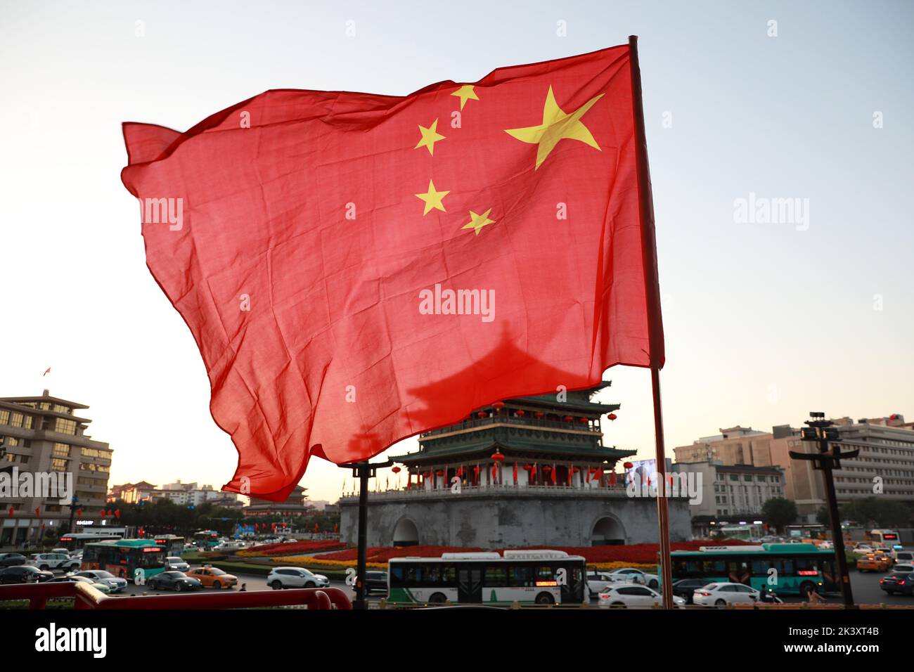 XI'AN, CHINA - SEPTEMBER 28, 2022 - National flags fly on a street in ...