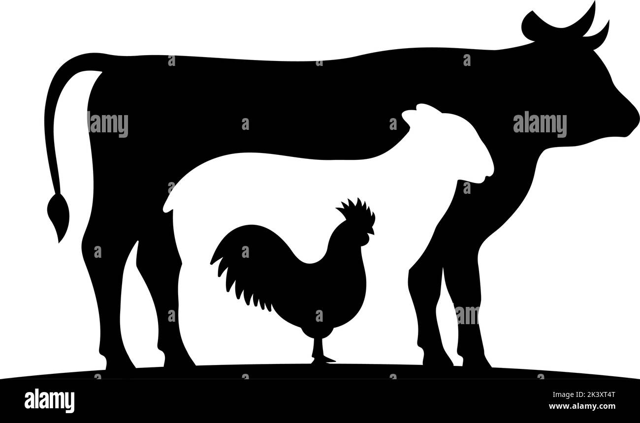 Farm animal silhouettes. Cow, Sheep, Rooster black silhouettes. Vector ...