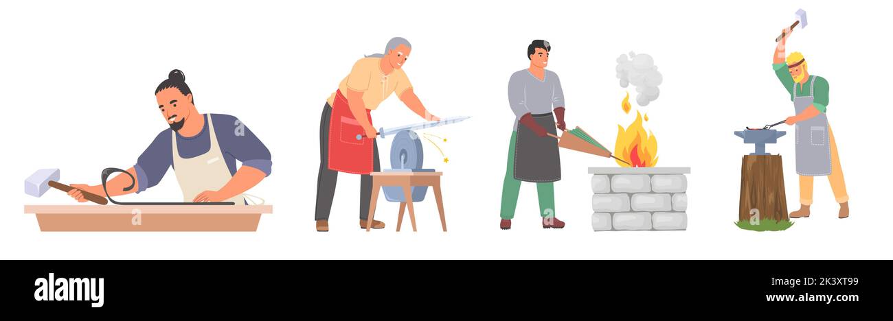 Blacksmith working on anvil vector. Medieval man using hammer doing craft work at forge ...