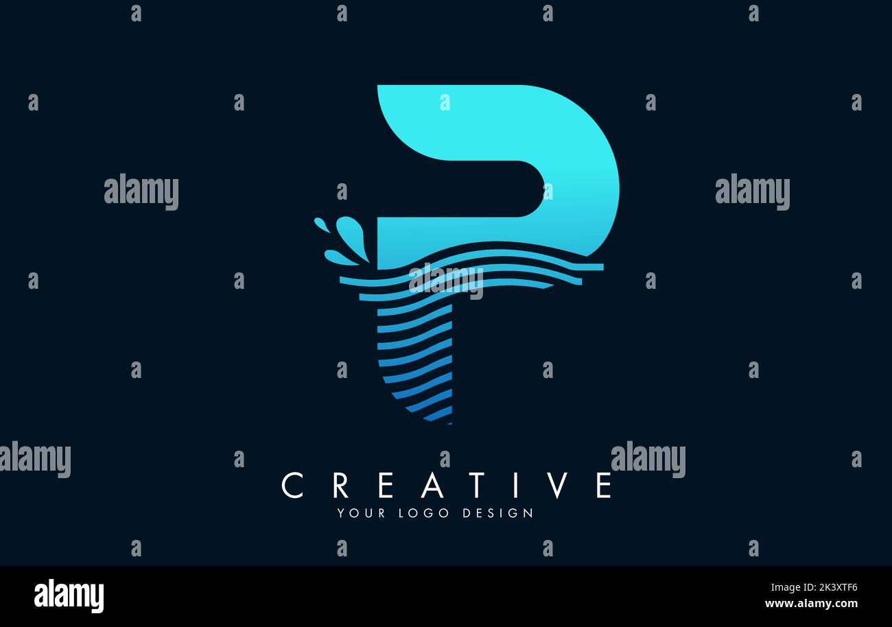 Blue P Letter Logo with Waves and Water Drops Design Vector ...