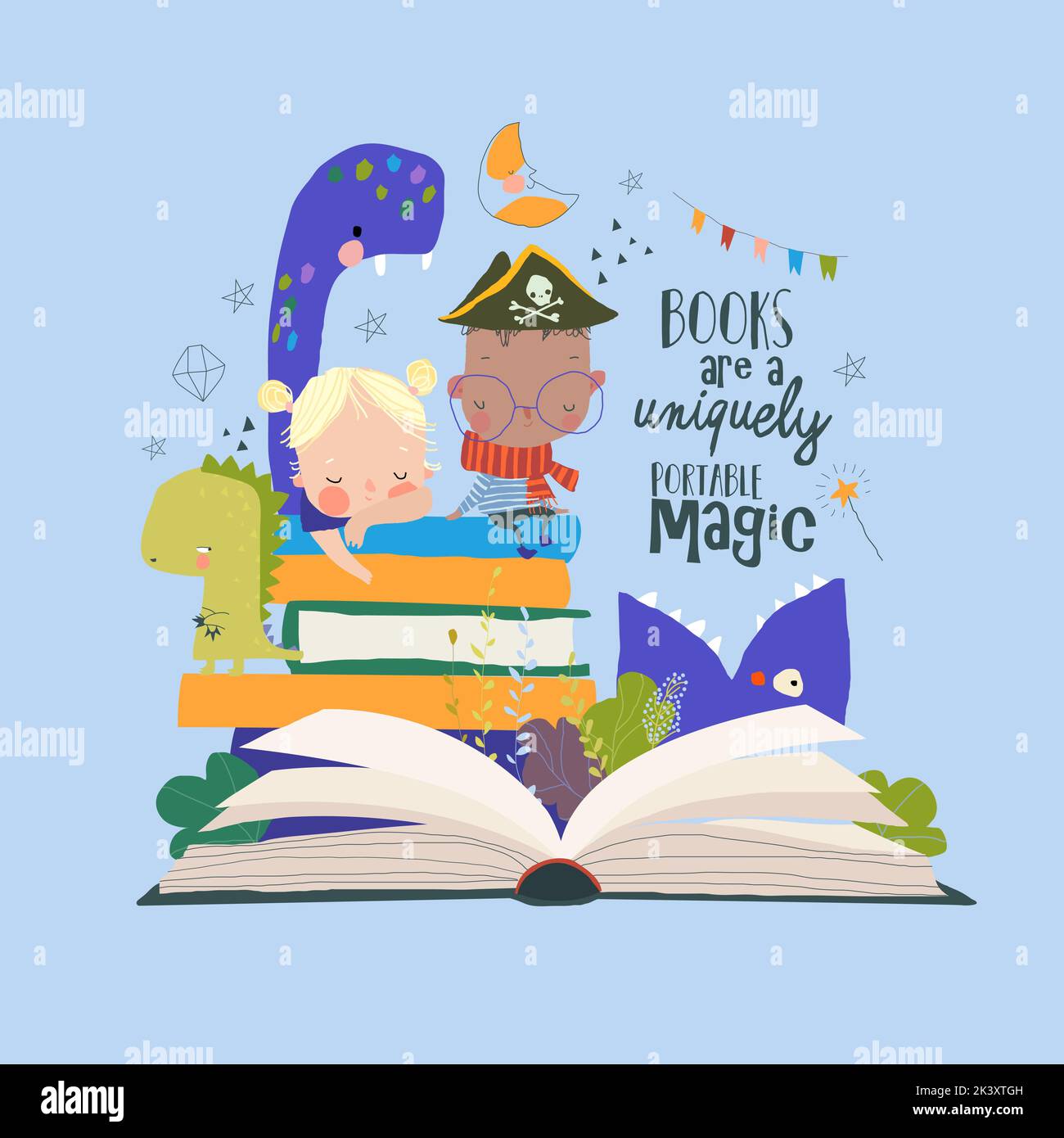 Cute Cartoon Children sitting on Stack of Books among Fairytale ...