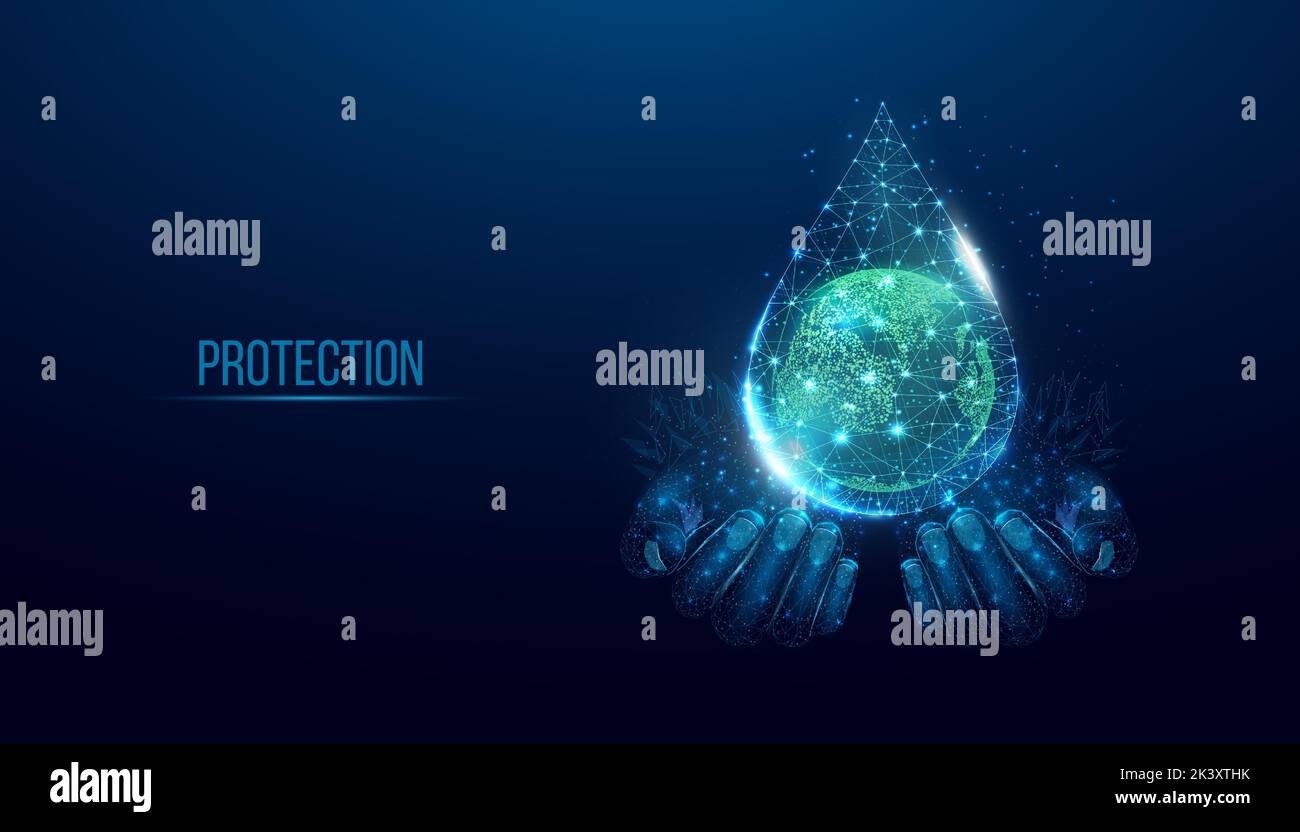 Two human hands are holds Planet Earth in water drop. World water day ...