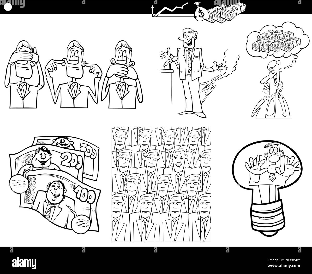 Black and white cartoon illustration of business concepts with funny ...