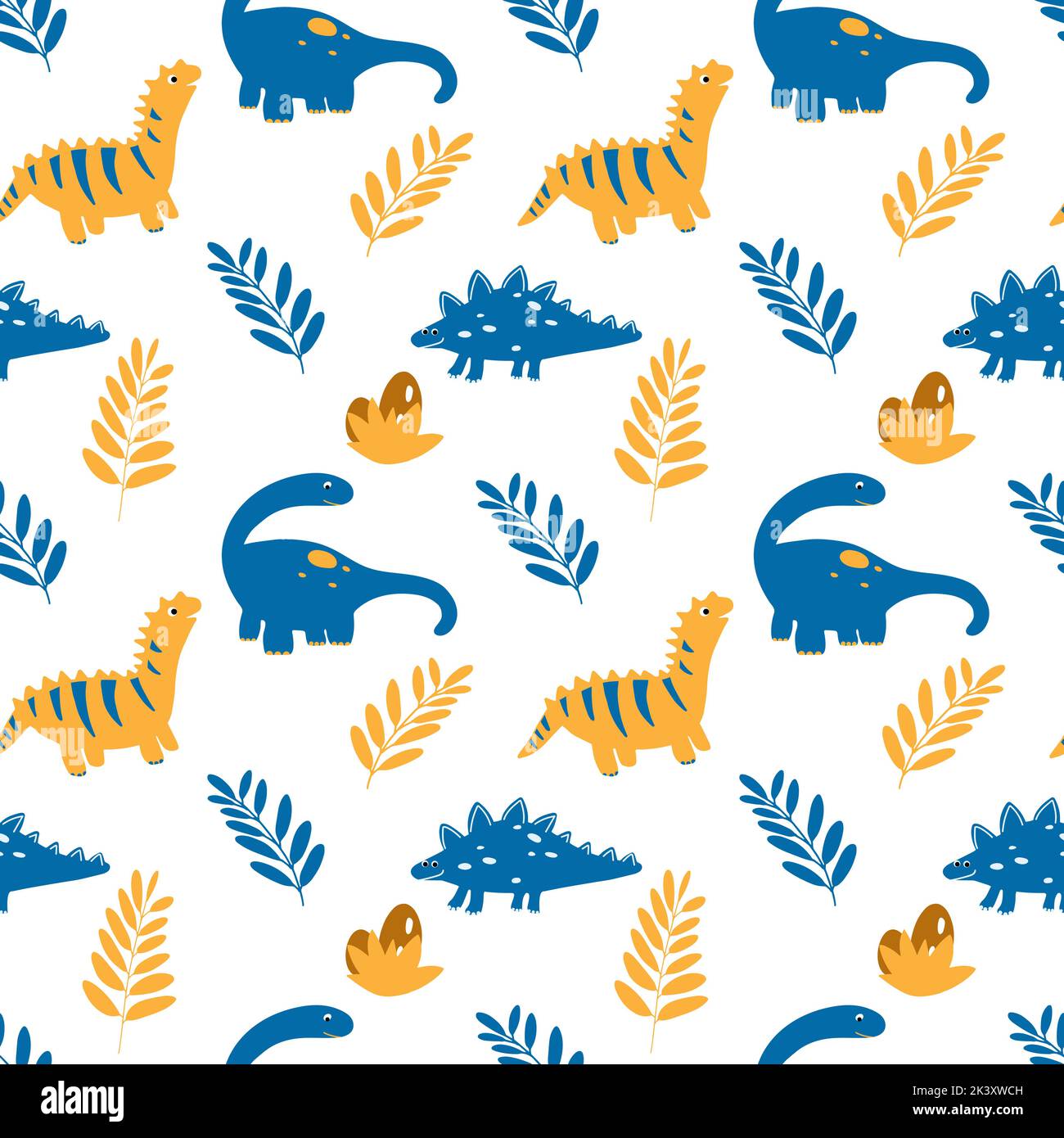 Vector seamless pattern with dinosaurs and leaves in cartoon flat ...