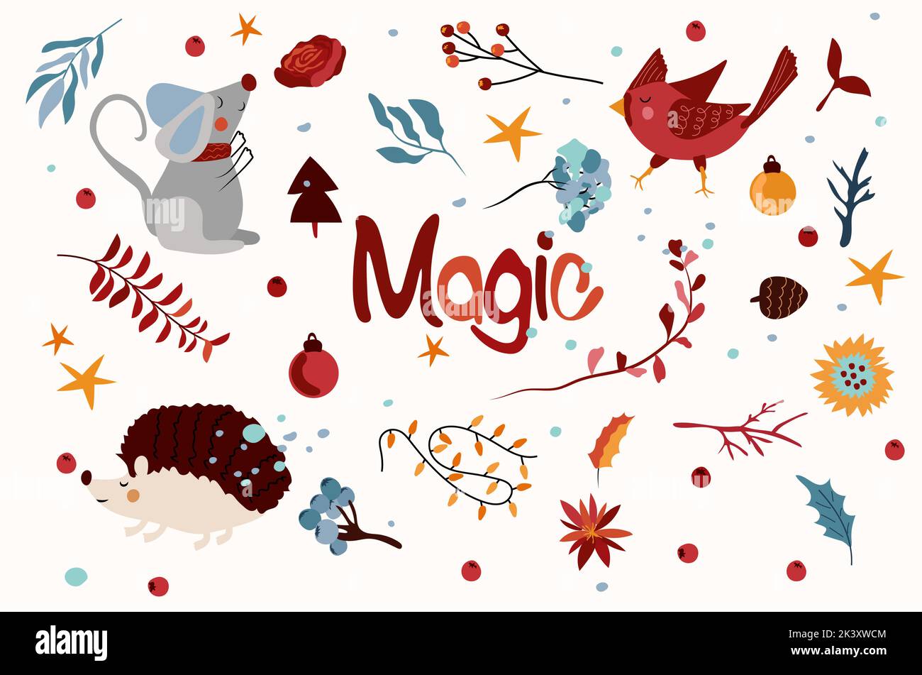 Christmas border with funny mouse in a scarf, cardinal bird, hedgehog ...