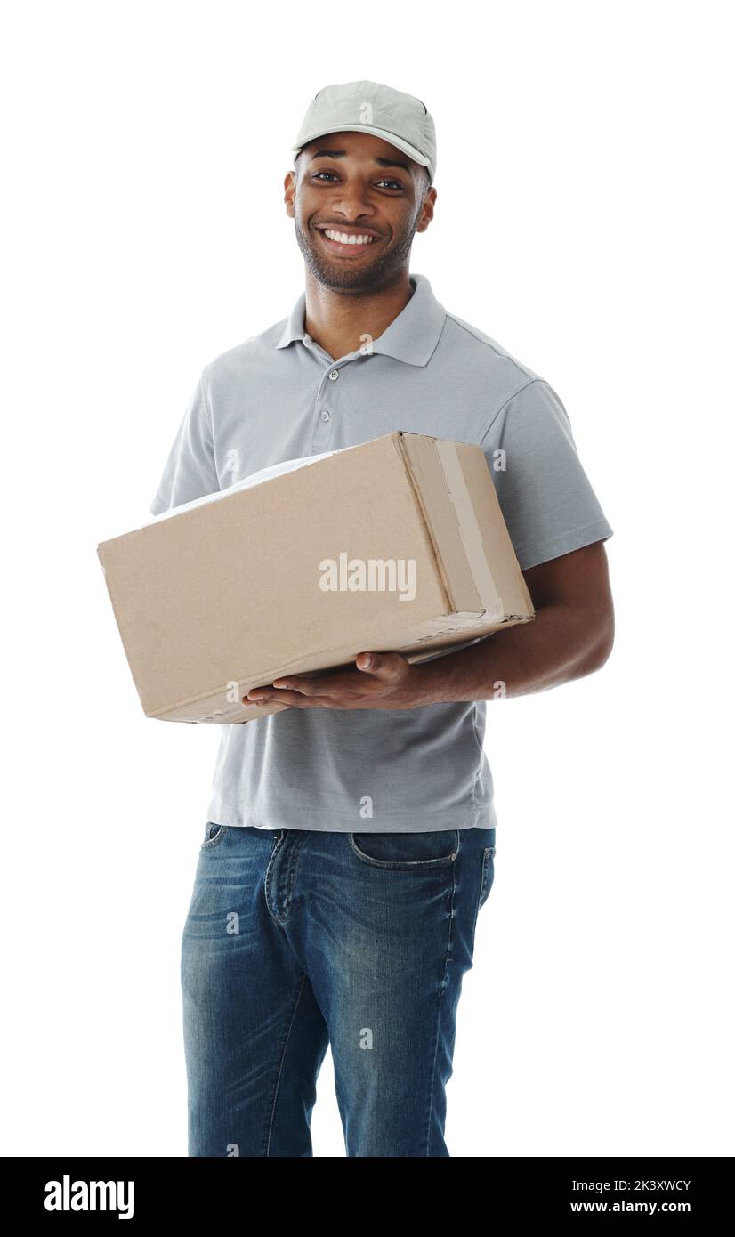 Delivery service with a smile. A smiling deliveryman holding a box ...