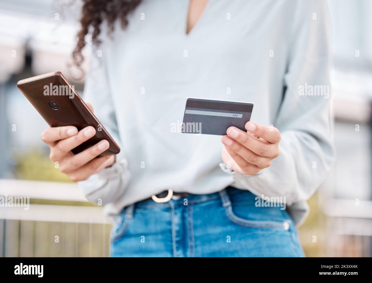 Fintech woman online shopping with phone, tech and credit card finance payment via banking app ...