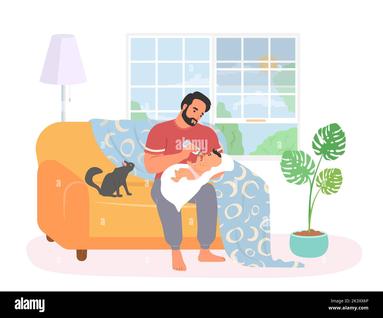 Father feeding newborn baby with bottled milk vector. Cartoon man ...