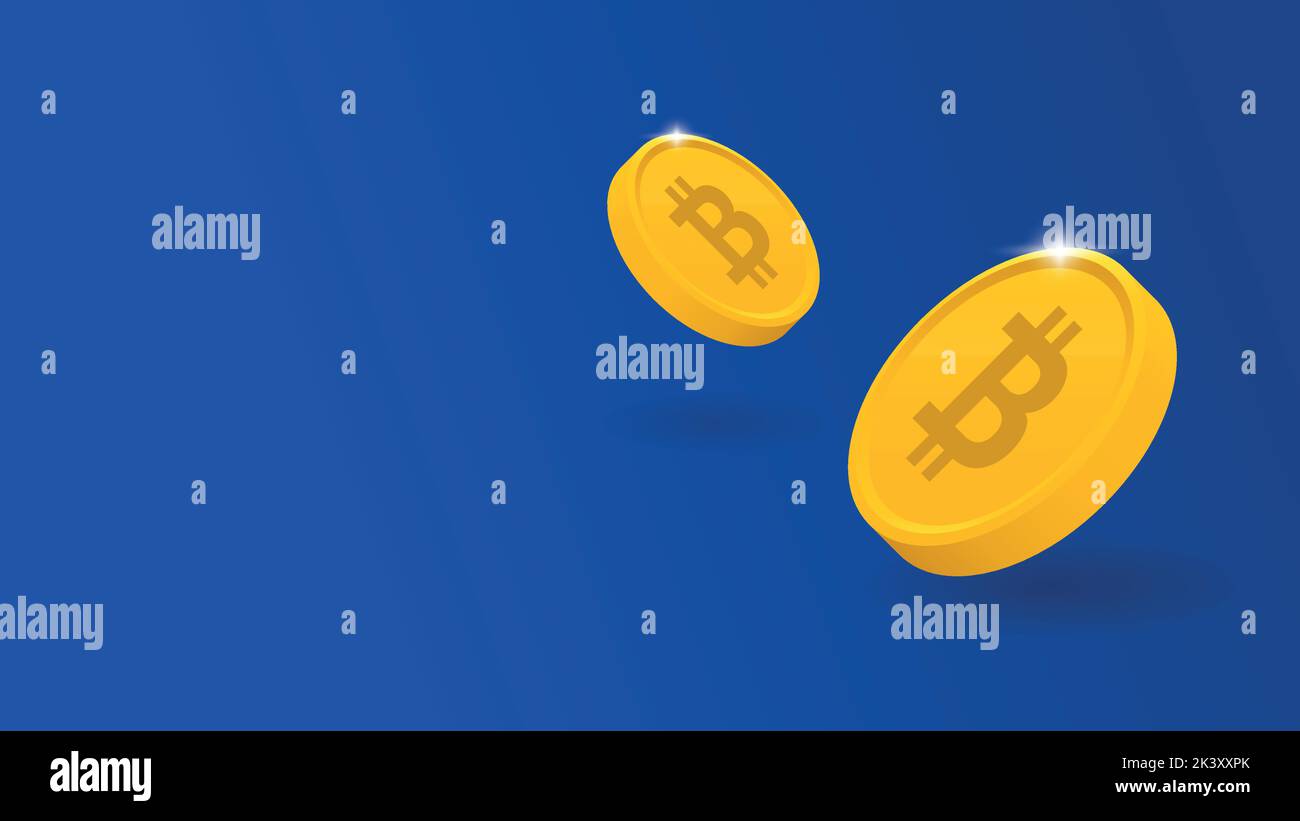 Shiny and floating Bitcoin coins. BTC cryptocurrency on a blue ...