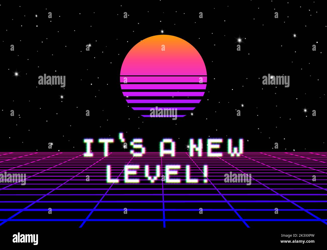 Synthwave greeting card with 80s styled sun and pixel font greeting ...
