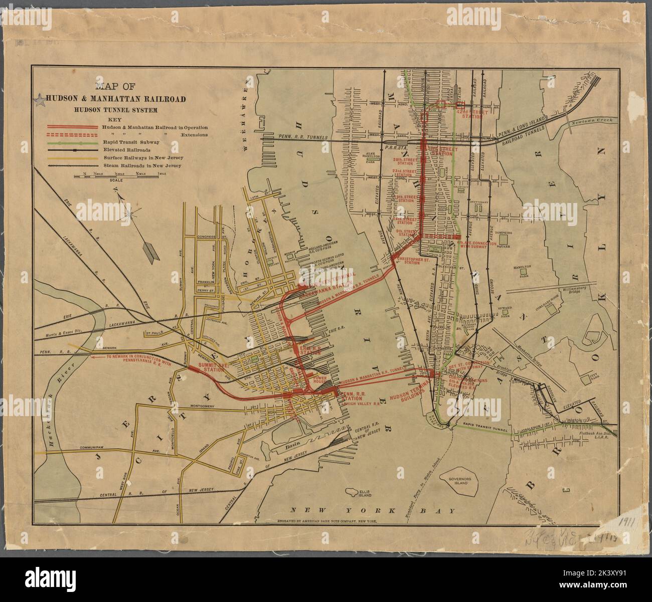Map of Hudson and Manhattan Railroad Hudson tunnel system. 1911 ...