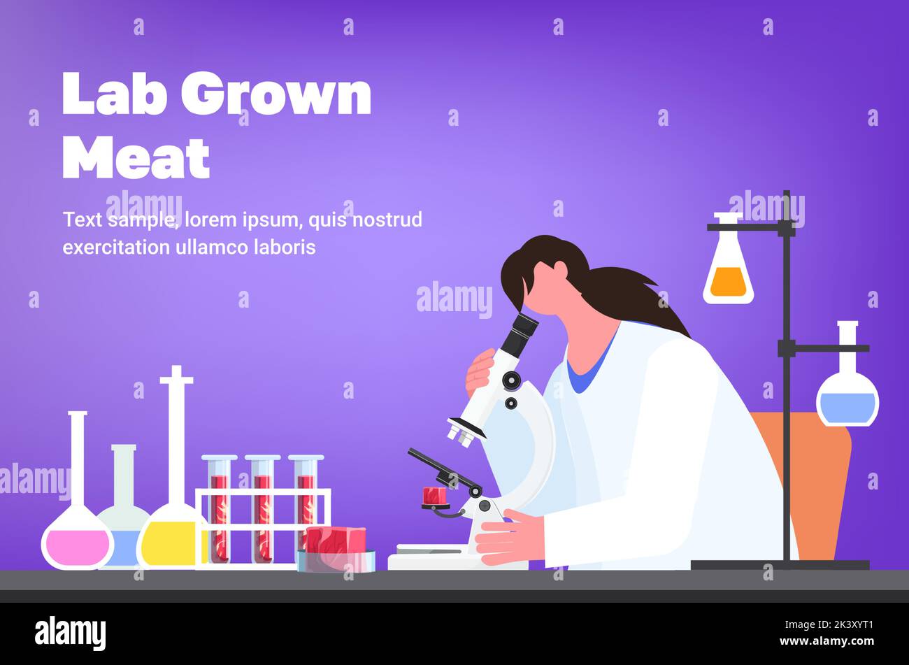 scientist with microscope analyzing cultured red raw meat made from ...