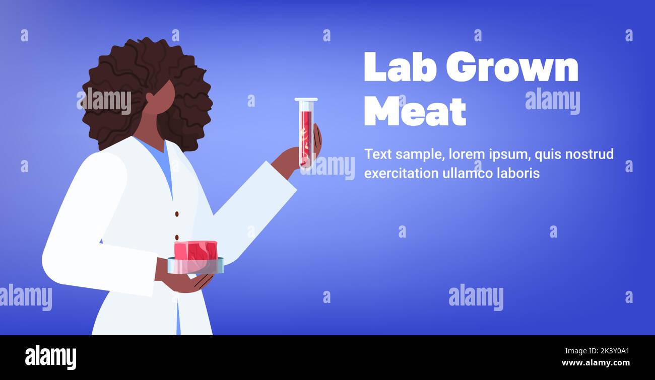 scientist holding test tube with cultured red raw meat made from animal ...