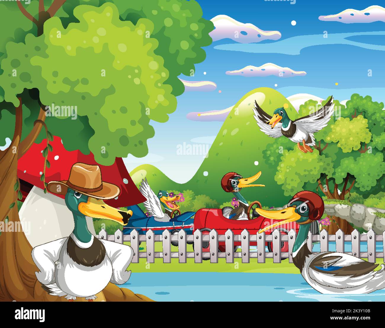 Outdoor scene with cartoon ducks illustration Stock Vector Image & Art ...