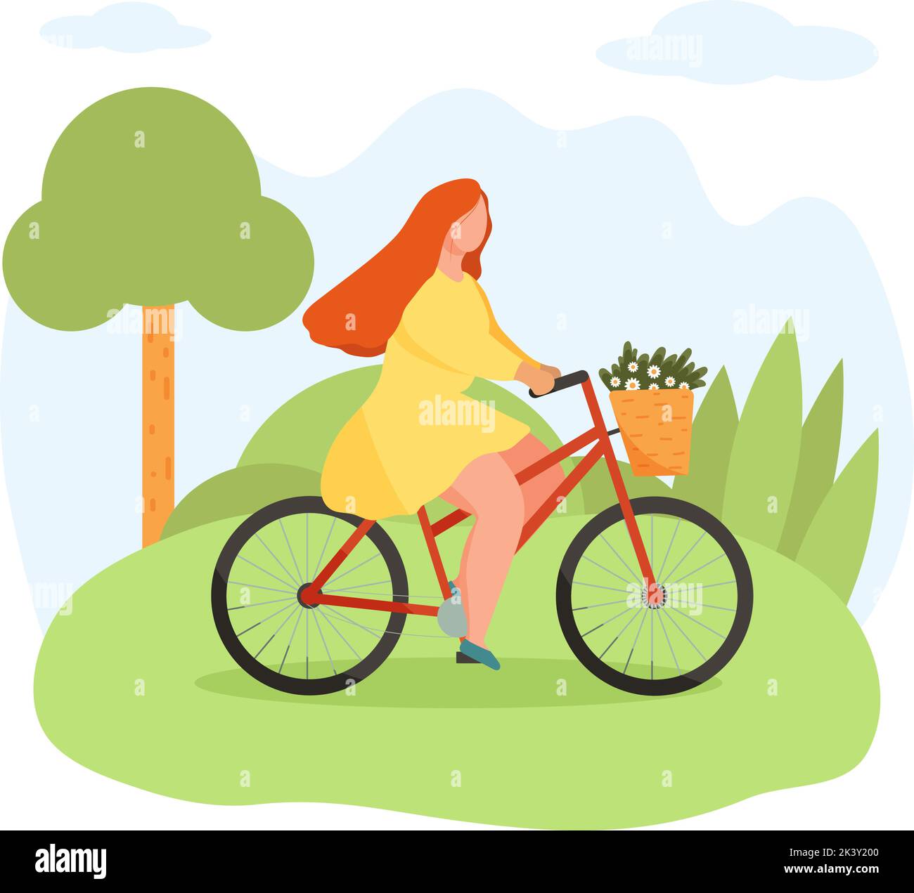 Girl riding bike with basket full of flowers in summer landscape with ...