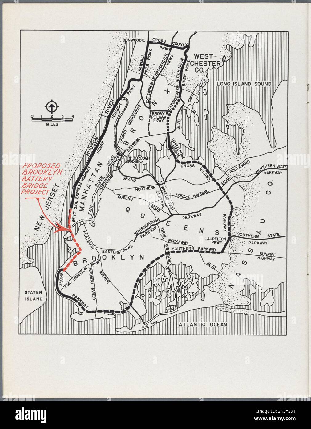 New York City with proposed Brooklyn Battery Bridge Project in red, Map ...