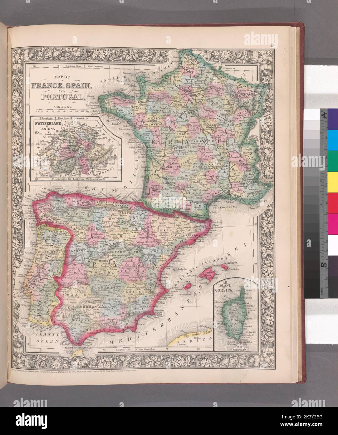Map of France, Spain, and Portugal; Switzerland in cantons inset ...