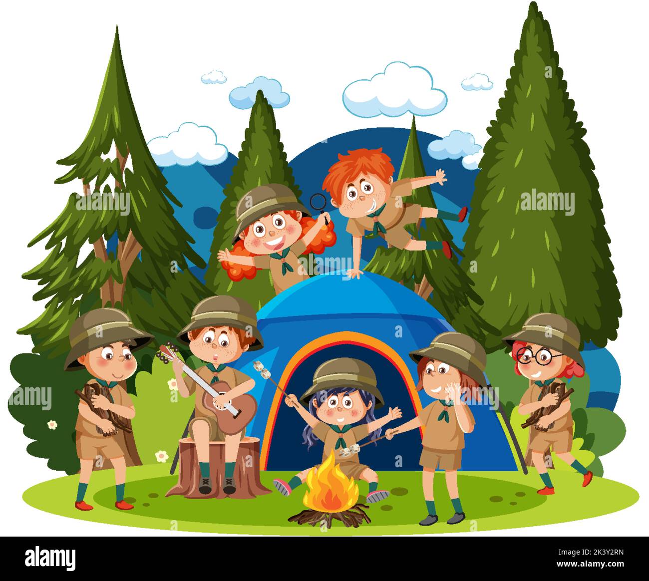 Children camping out at the forest illustration Stock Vector Image ...