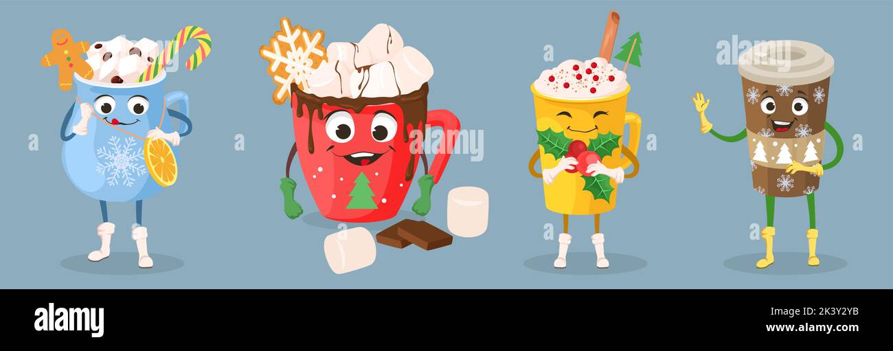 Cute hot winter drink character vector set. Happy smiling kawaii ...