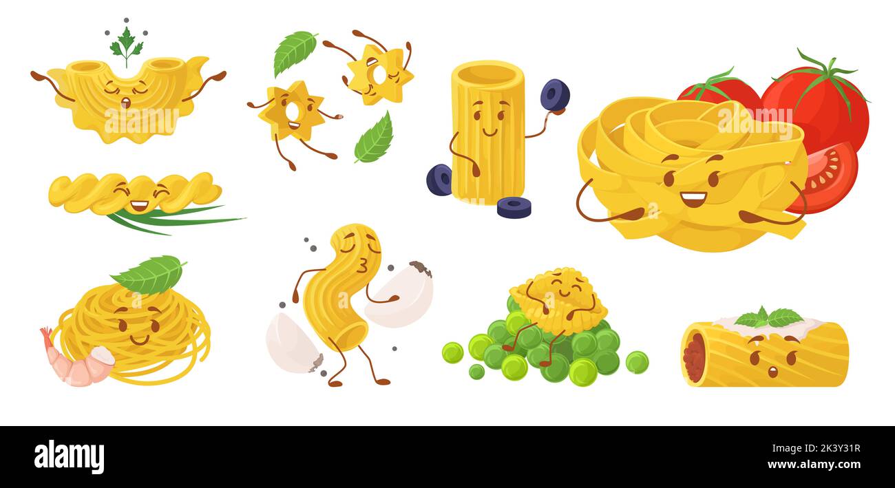 Funny pasta character set. Cute noodle emoticon vector. Happy uncooked ...