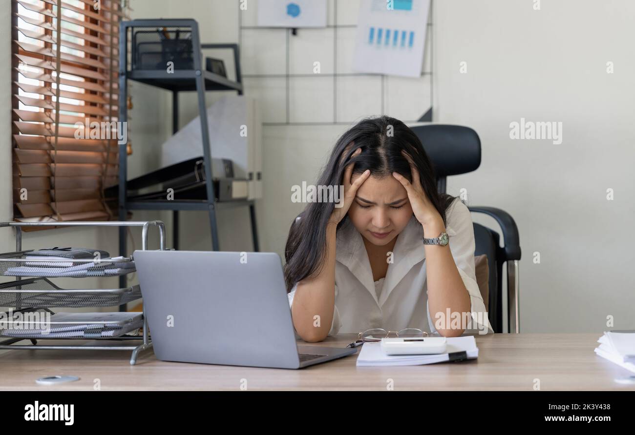 Tired business accountant woman feel headache. stressed working woman ...
