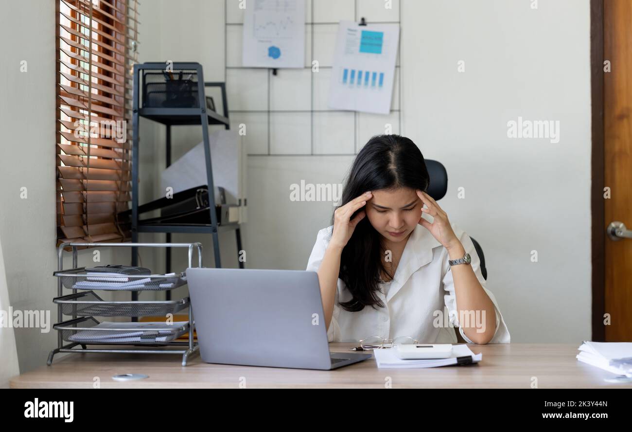 Tired business accountant woman feel headache. stressed working woman ...