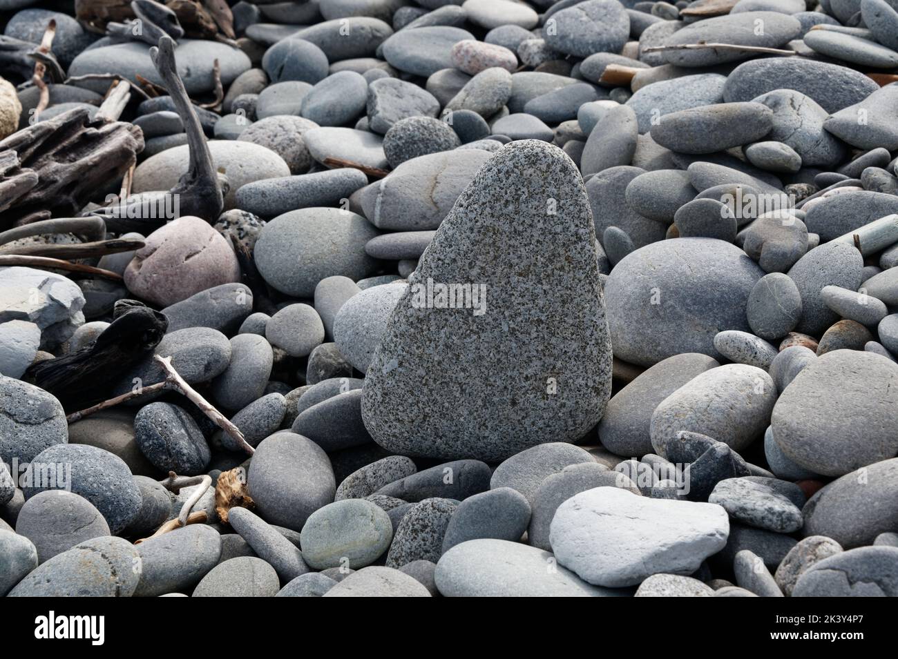 Different rocks and stones have been thrown together on a beach, a ...