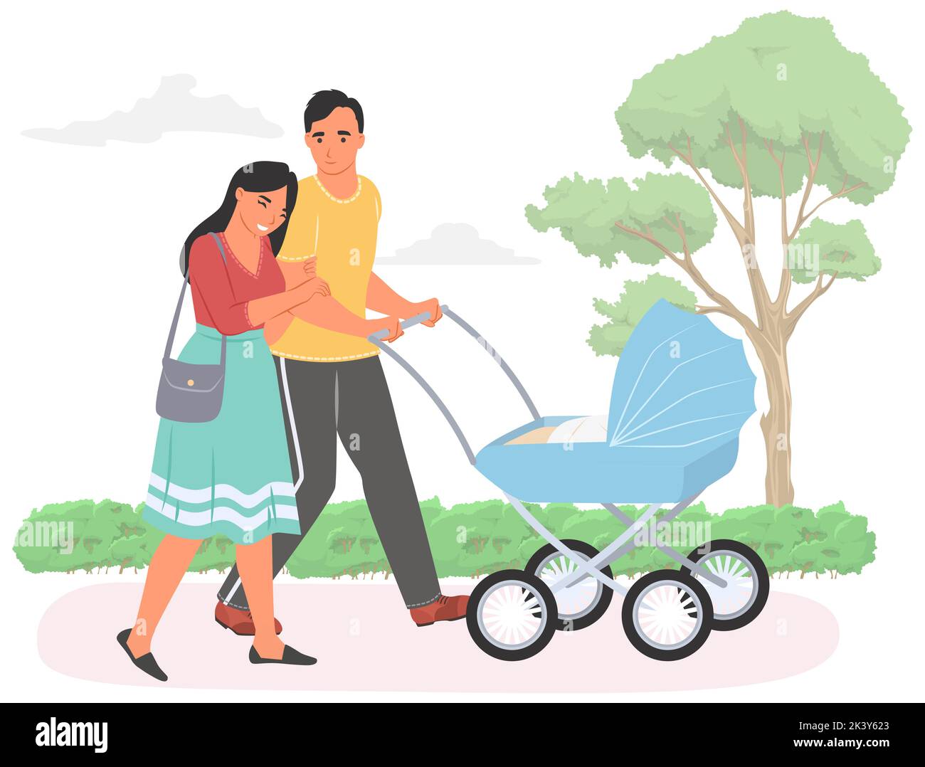 Happy parent walking baby in stroller vector illustration. Young father ...