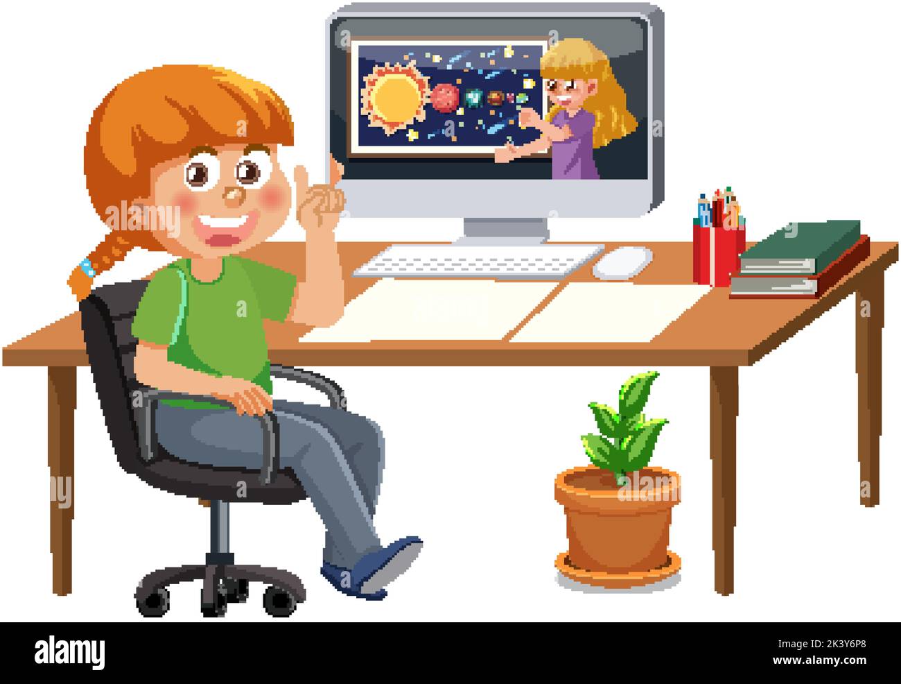 A girl studying online on computer illustration Stock Vector Image ...