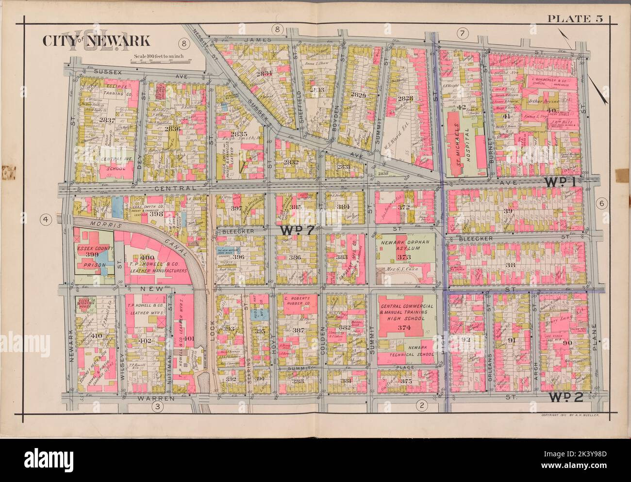 Newark, V. 1, Double Page Plate No. 5 Map bounded by James St., Plane ...