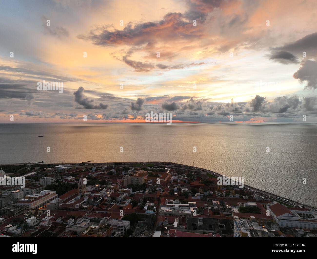 Aerial View of Cartagena, Colombia at Sunset with the old city in the ...