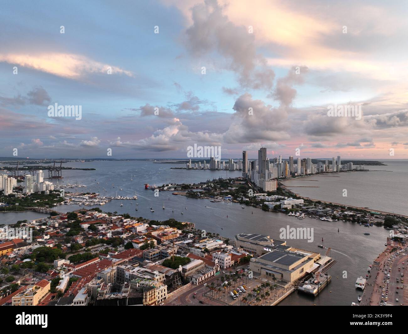 Aerial View of Cartagena, Colombia at Sunset with the old city in the ...
