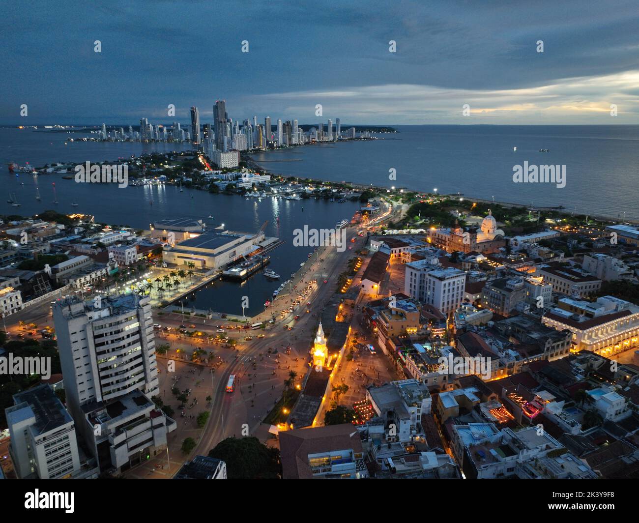 Aerial View of Cartagena, Colombia at Sunset with the old city in the ...