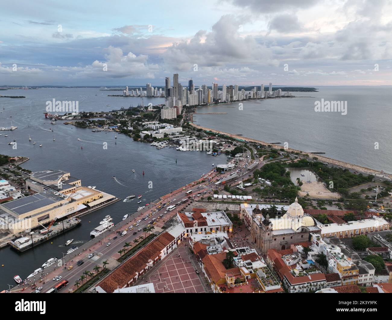 Aerial View of Cartagena, Colombia at Sunset with the old city in the ...