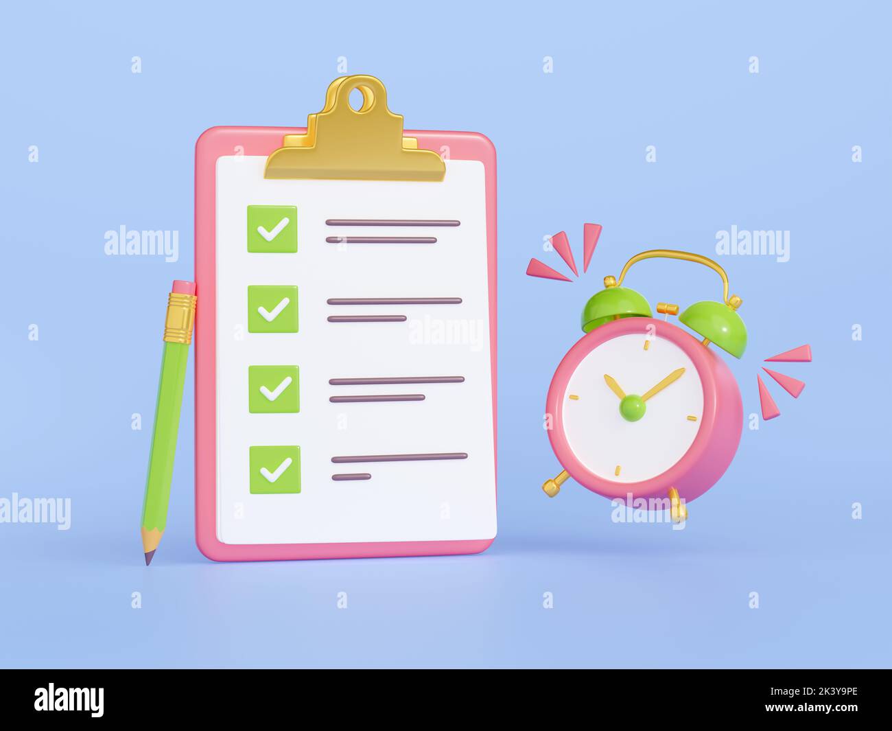 3d render checklist and alarm clock, project plan, deadline concept ...