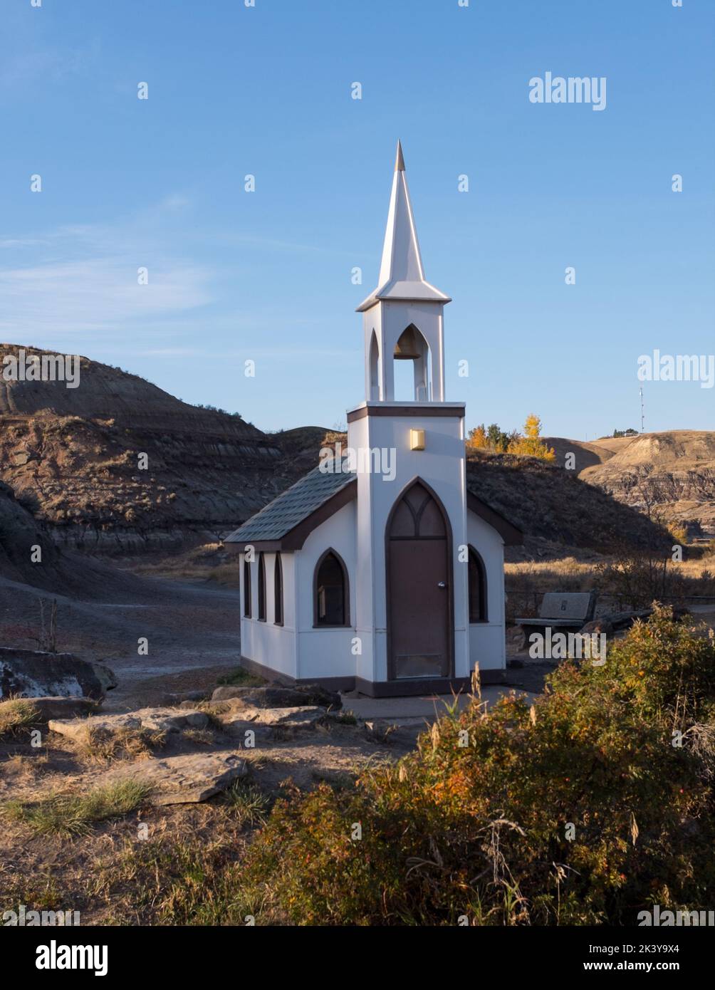 The little Church on the North Dinosaur Trail, Alberta, Canada. It is ...