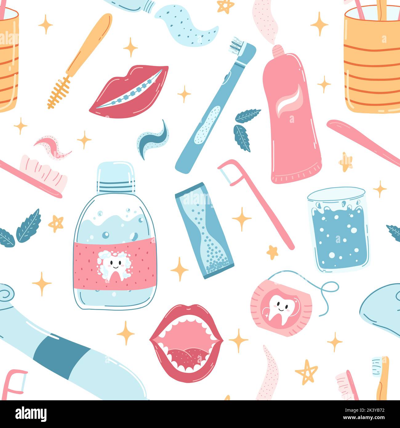 Seamless pattern with hand drawn dental care products in cartoon flat ...