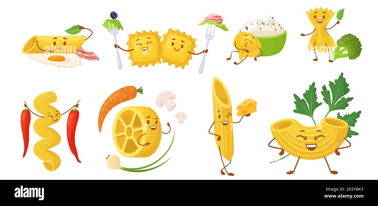 Pasta character vector. Cute funny noodle and macaroni isolated set ...