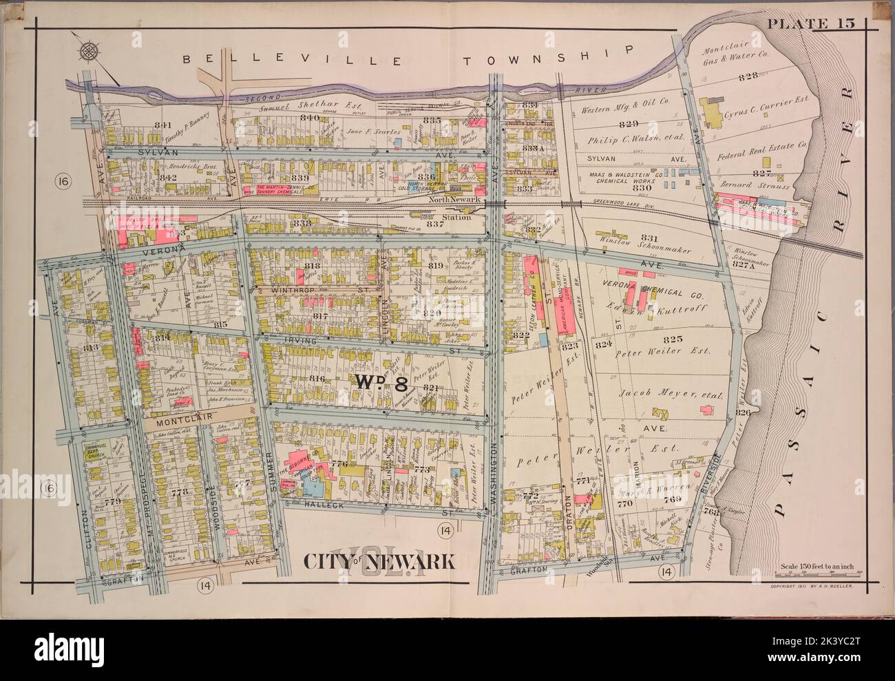 Newark, V. 1, Double Page Plate No. 15 Map bounded by Second River ...