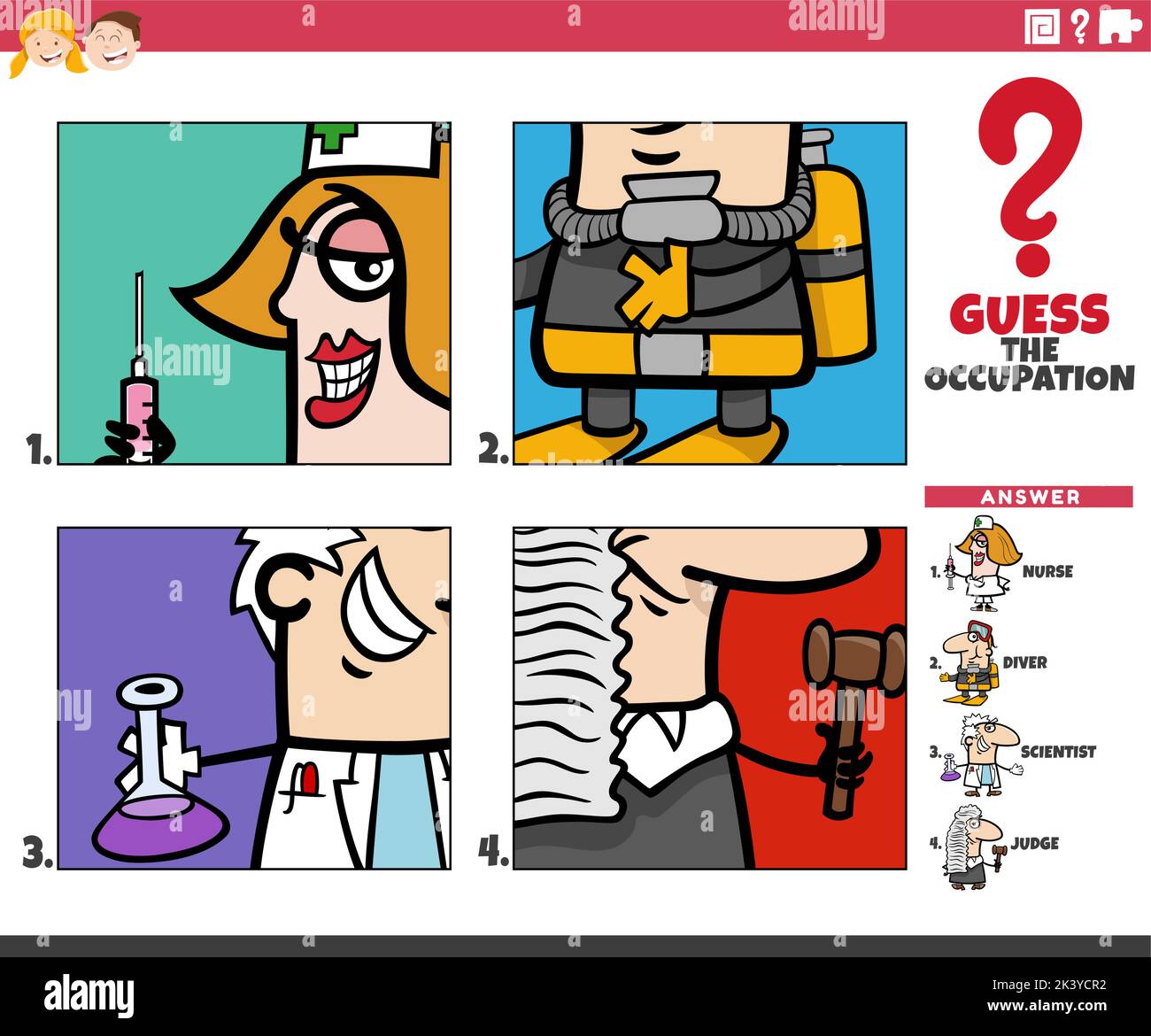 Cartoon illustration of educational game of guessing the occupation for ...