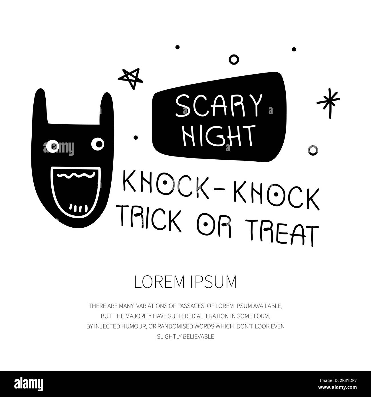HALLOWEEN character black cat with phrase SCARY NIGHT knock knock trick ...