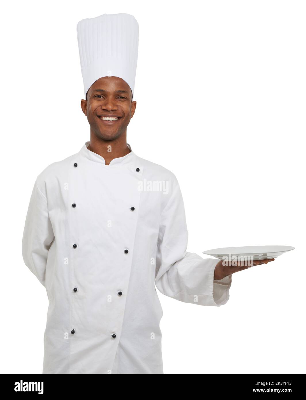 You decide what food goes on this plate. A happy african chef bringing ...