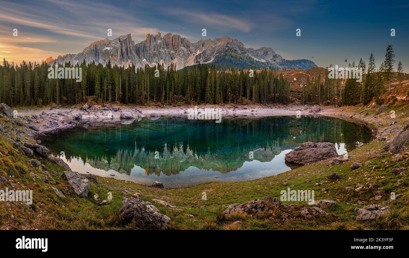 Carezza, Italy - Panoramic view of Lake Carezza (Lago di Carezza) with ...