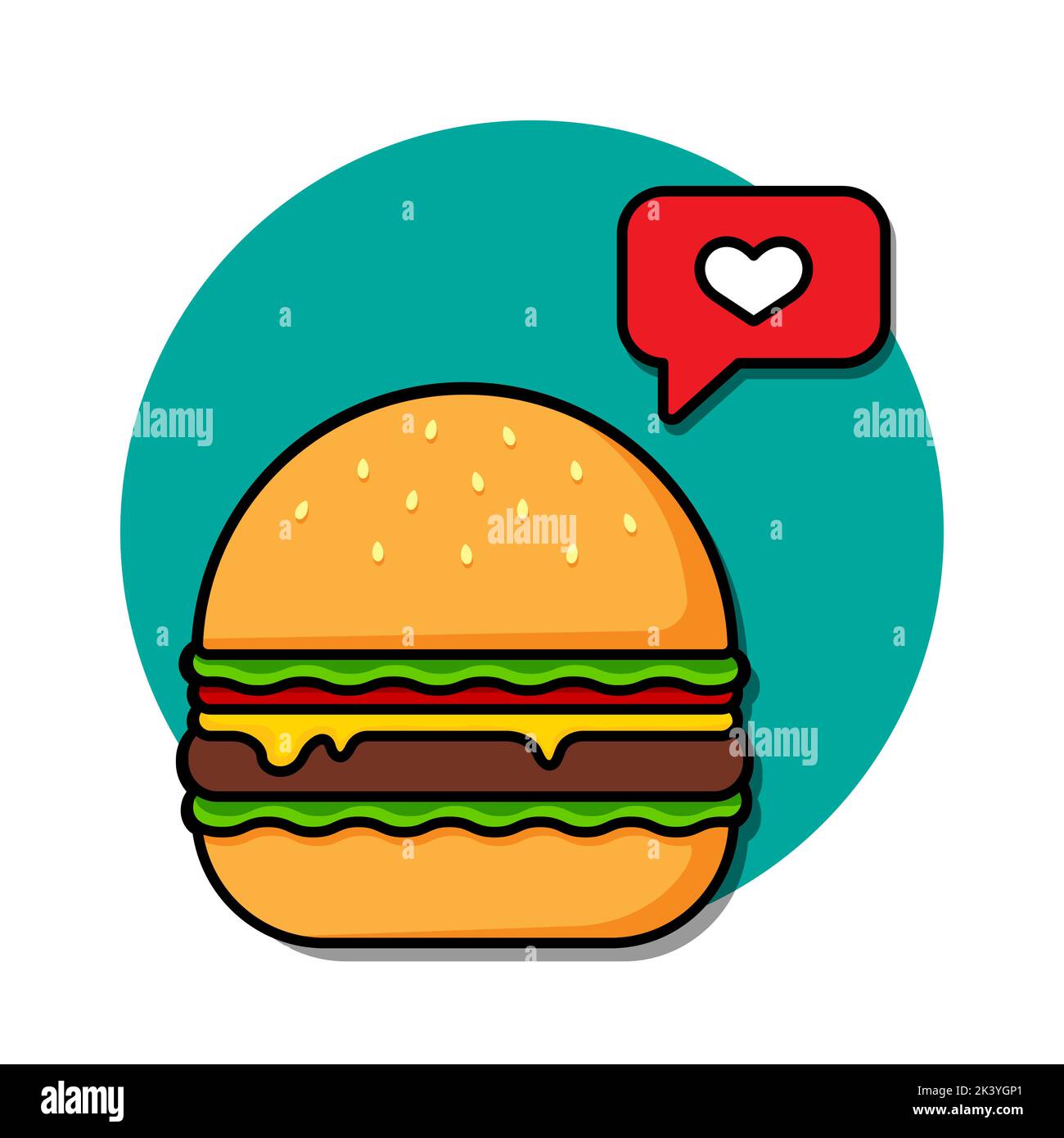 Cartoon burger and message with heart.Good idea, love message. Vector ...