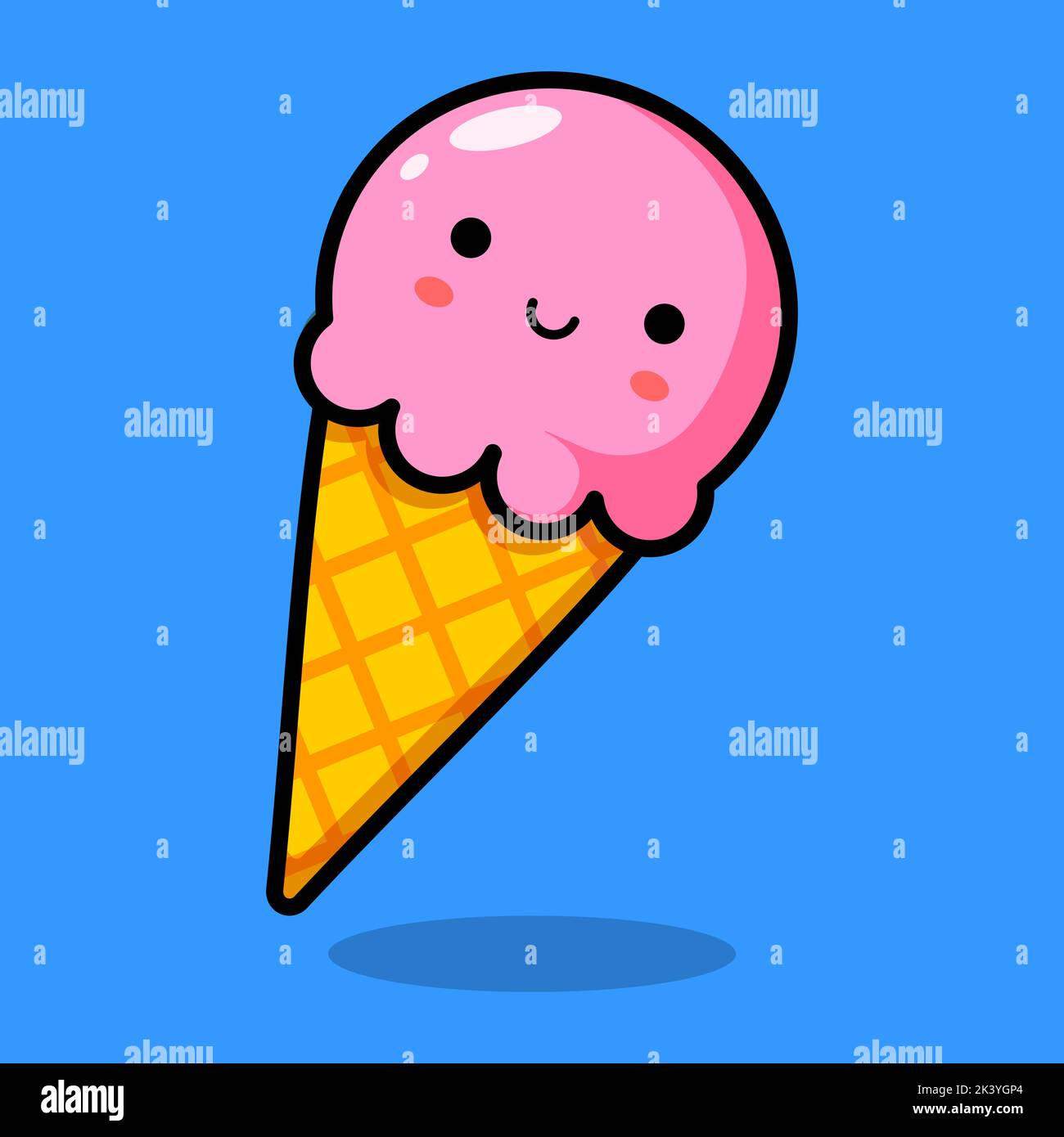 Kawaii pink ice cream in a yellow waffle cup. Smiling food. Vector ...