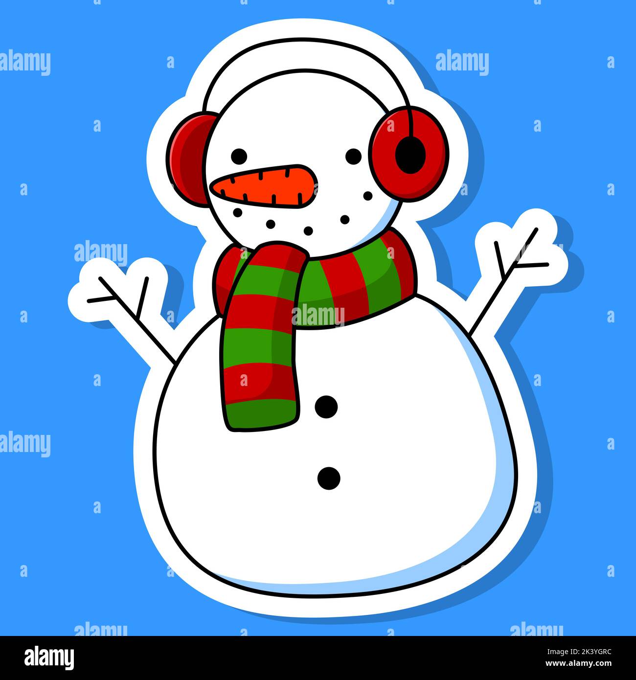 Flat cartoon sticker of a snowman in a striped red-green scarf and red ...
